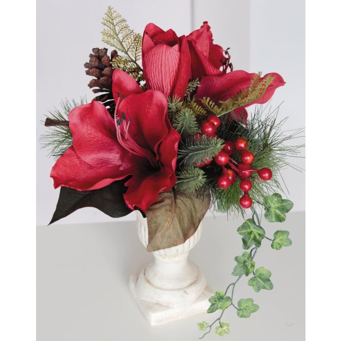 Fake amaryllis arrangement NISKA, amphora, red, 14"/35 cm, Ø 12"/30 cm